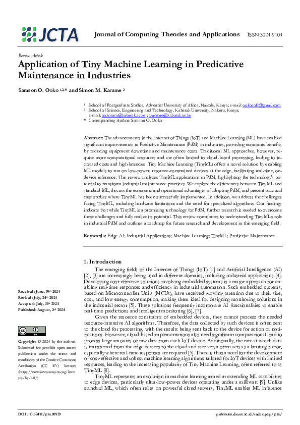 (PDF) Application of Tiny Machine Learning in Predicative Maintenance in Industries