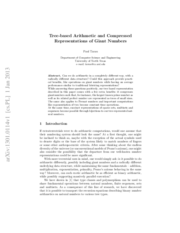 (PDF) Tree-based Arithmetic and Compressed Representations of Giant Numbers
