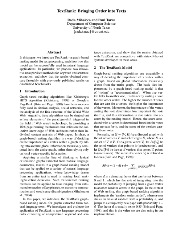 (PDF) TextRank: Bringing Order into Text