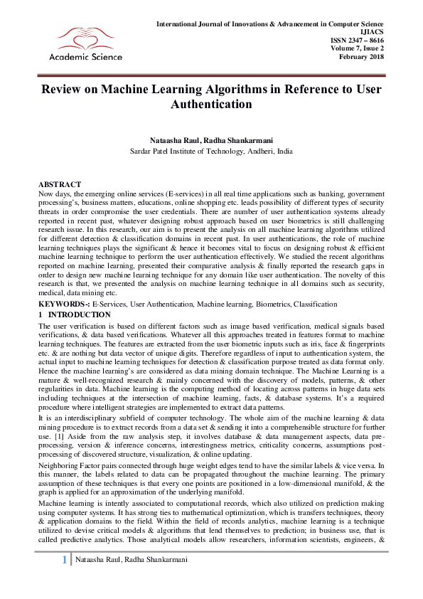 Pdf Review On Machine Learning Algorithms In Reference To User Authentication