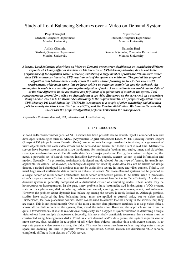 (PDF) Study of Load Balancing Schemes over a Video on Demand System