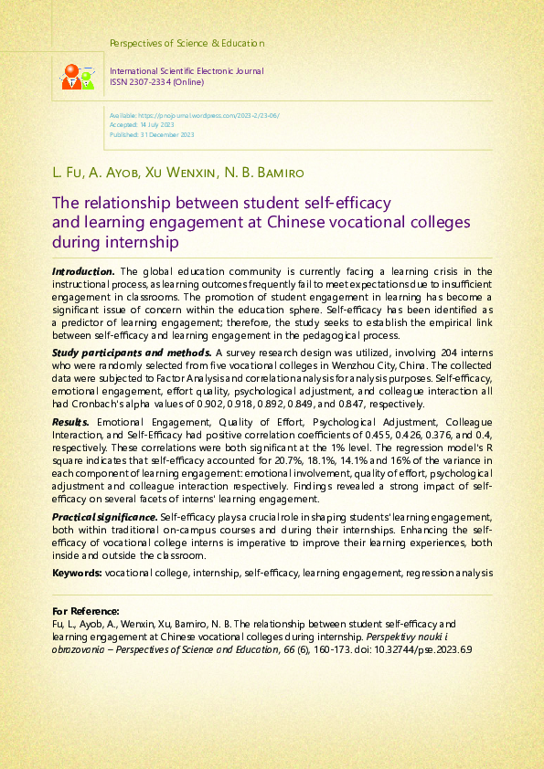 (PDF) The relationship between student self-efficacy and learning engagement at Chinese ...