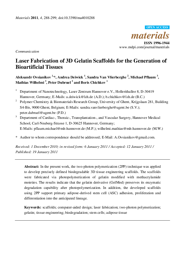 (PDF) Laser Fabrication of 3D Gelatin Scaffolds for the Generation of ...
