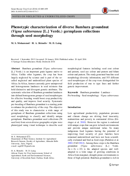 (PDF) Phenotypic characterization of diverse Bambara groundnut (Vigna subterranea [L.] Verdc ...