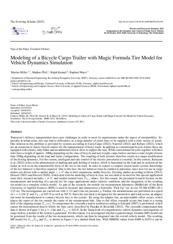 (PDF) Modeling of a Bicycle Cargo Trailer with Magic Formula Tire Model ...
