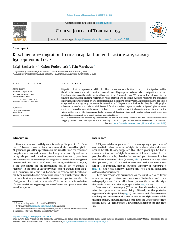 (PDF) Kirschner wire migration from subcapital humeral fracture site ...