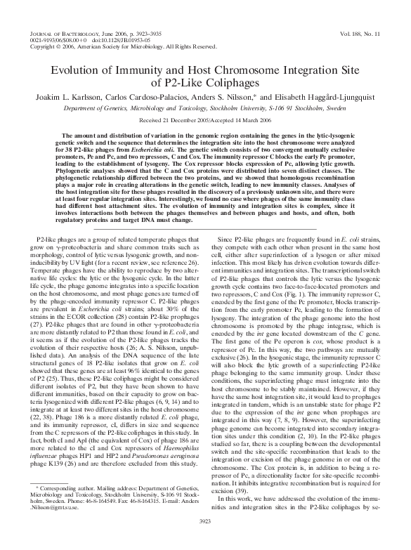 (PDF) Evolution of Immunity and Host Chromosome Integration Site of P2 ...