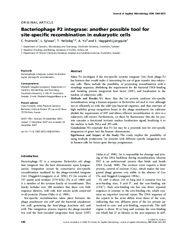(PDF) Bacteriophage P2 integrase: another possible tool for site ...