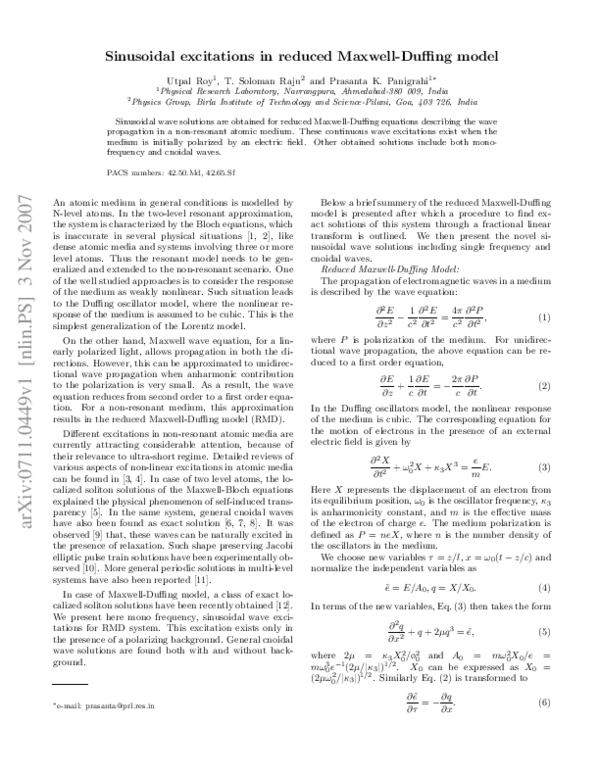 (PDF) Sinusoidal excitations in reduced Maxwell-Duffing model