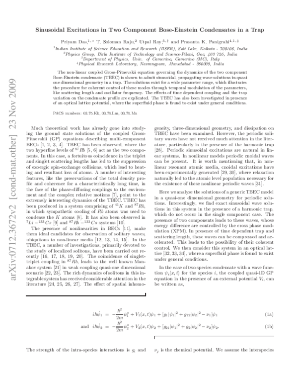 Pdf Sinusoidal Excitations In Two Component Bose Einstein Condensates In A Trap