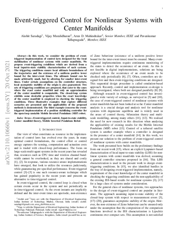 (PDF) Event-triggered Control for Nonlinear Systems with Center Manifolds