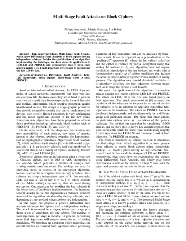 (PDF) Multi-Stage Fault Attacks on Block Ciphers