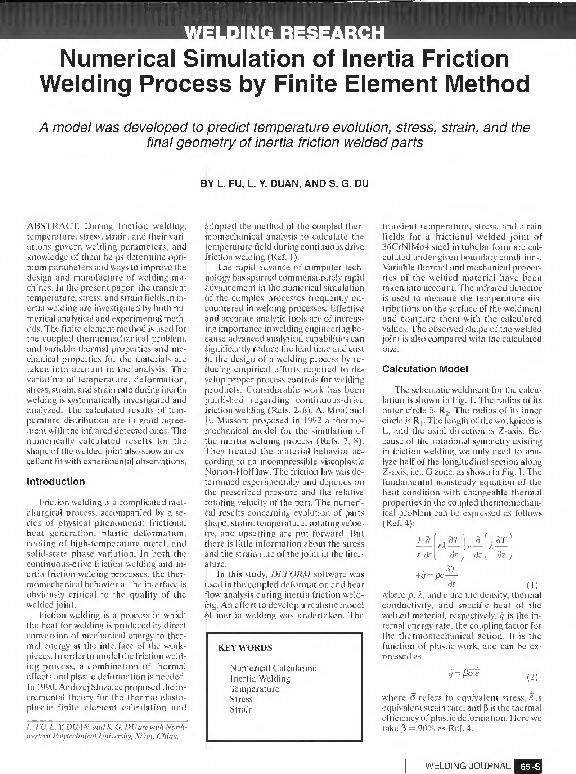 Pdf Numerical Simulation Of Inertia Friction Welding Process By Finite Element Method