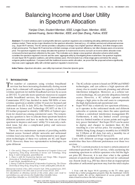 (PDF) Balancing Income and User Utility in Spectrum Allocation