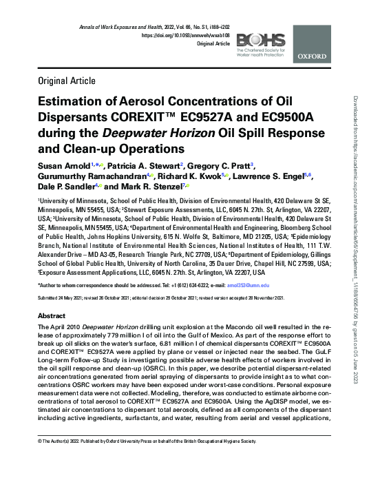(PDF) Estimation of Aerosol Concentrations of Oil Dispersants COREXIT ...