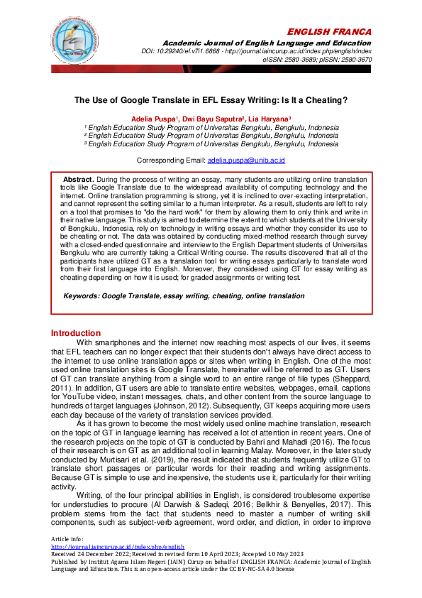 (PDF) The Use of Google Translate in EFL Essay Writing: Is It a Cheating?