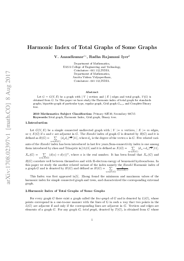 (PDF) Harmonic Index of Total Graphs of Some Graphs