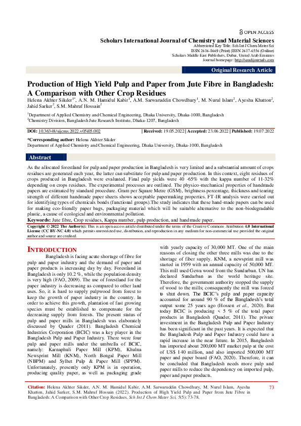 (PDF) Production of High Yield Pulp and Paper from Jute Fibre in ...