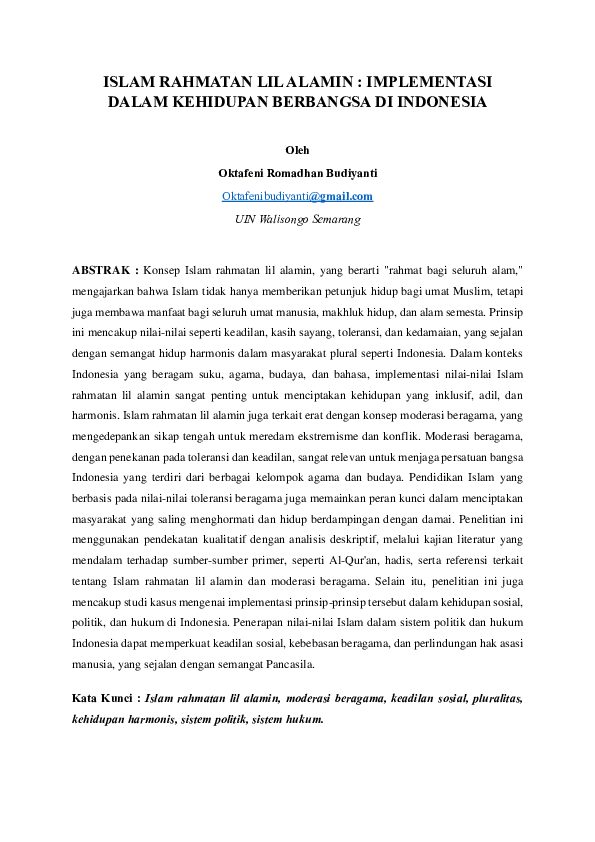 (PDF) ISLAM RAHMATAN LIL ALAMIN : IMPLEMENTASI DALAM KEHIDUPAN BERBANGSA DI INDONESIA Oleh