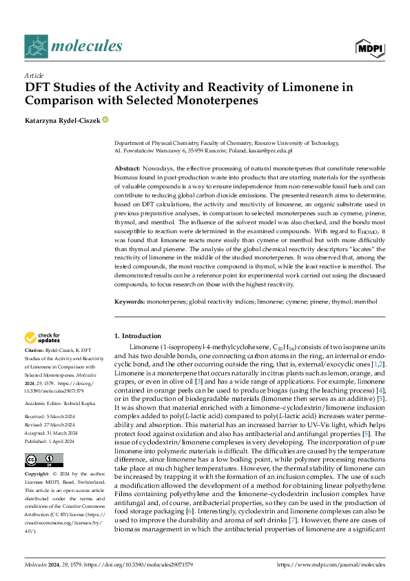 (PDF) DFT Studies of the Activity and Reactivity of Limonene in ...