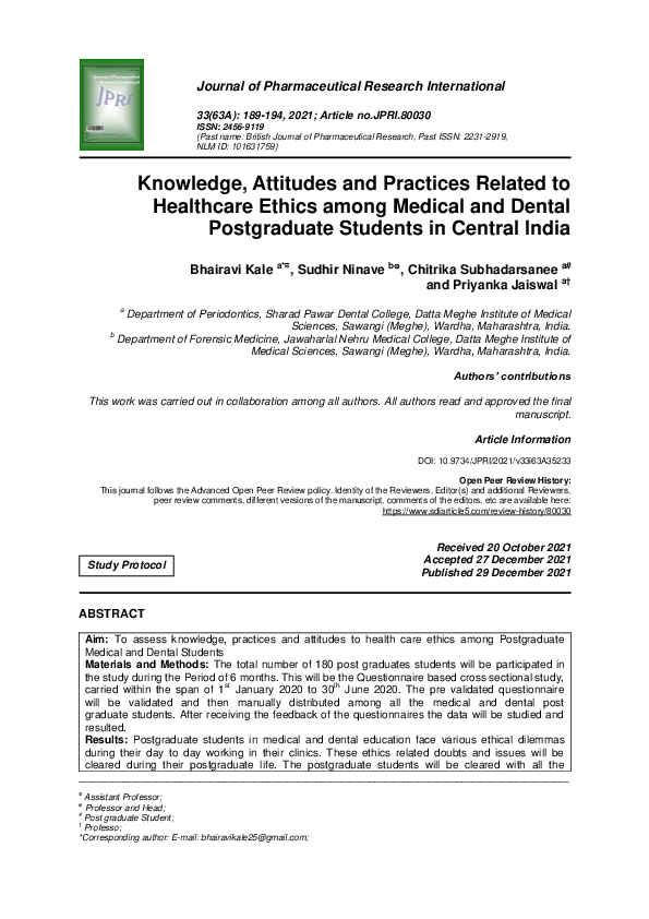 (PDF) Knowledge, Attitudes and Practices Related to Healthcare Ethics among Medical and Dental ...