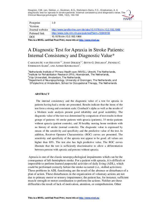 (PDF) A Diagnostic Test for Apraxia in Stroke Patients: Internal ...