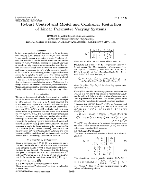 (PDF) Robust control and model and controller reduction of linear parameter varying systems