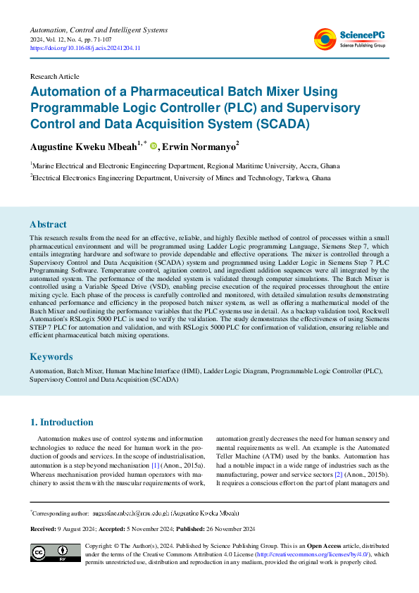 (PDF) Automation of a Pharmaceutical Batch Mixer Using Programmable Logic Controller (PLC) and ...