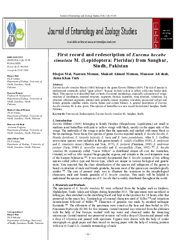 (PDF) First record and redescription of Eurema hecabe simulata M ...