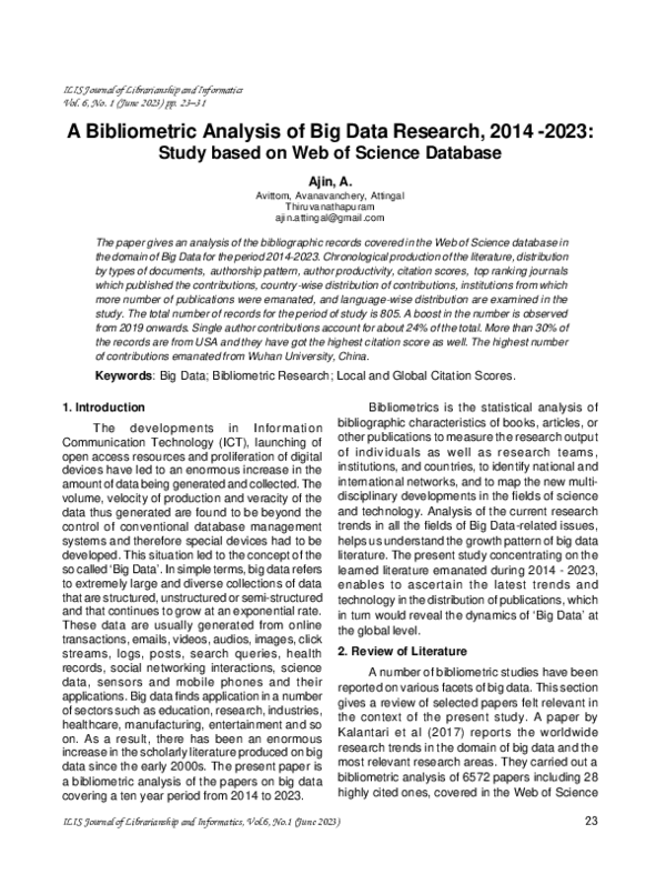 (PDF) A Bibliometric Analysis of Big Data Research, 2014 -2023: Study ...