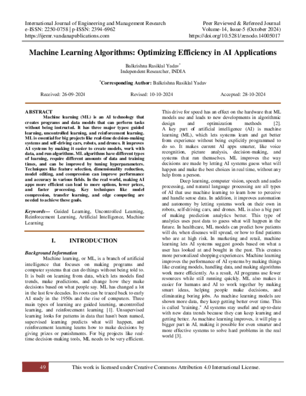 (PDF) Machine Learning Algorithms: Optimizing Efficiency in AI Applications