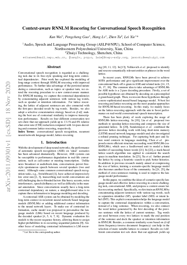 (PDF) Context-aware RNNLM Rescoring for Conversational Speech Recognition
