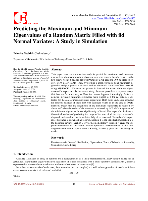 Pdf Predicting The Maximum And Minimum Eigenvalues Of A Random Matrix Filled With Iid Normal