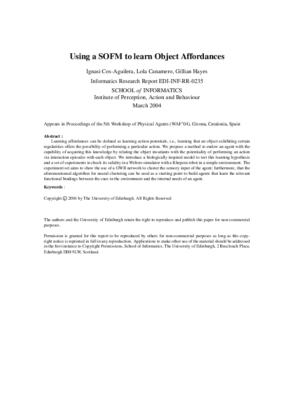 (PDF) Using a SOFM to learn object affordances