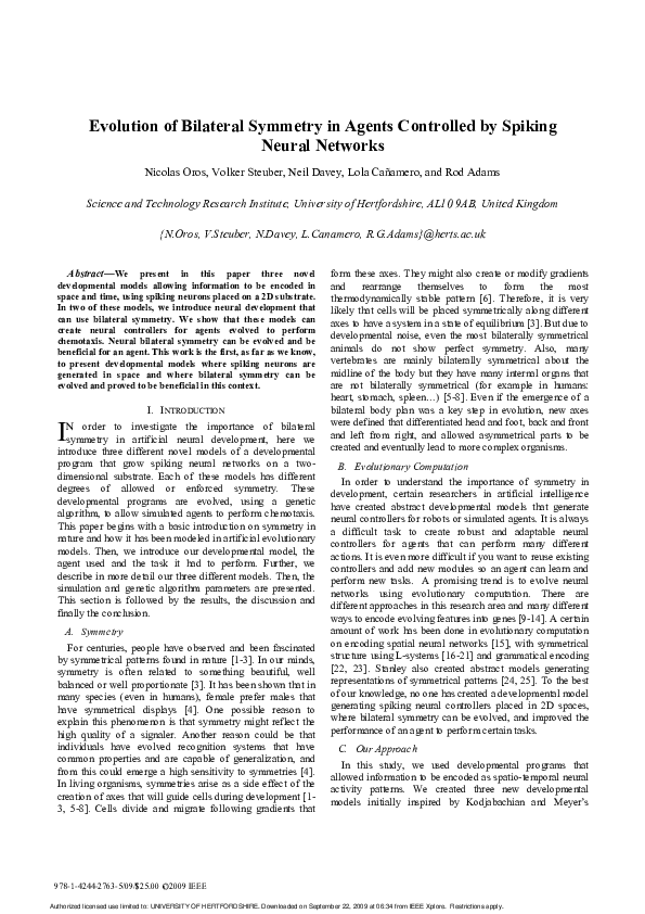 (PDF) Evolution of bilateral symmetry in agents controlled by spiking neural networks | Lola ...