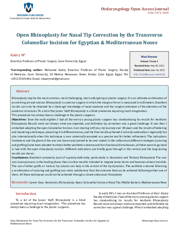 (PDF) Open Rhinoplasty for Nasal Tip Correction by the Transverse ...