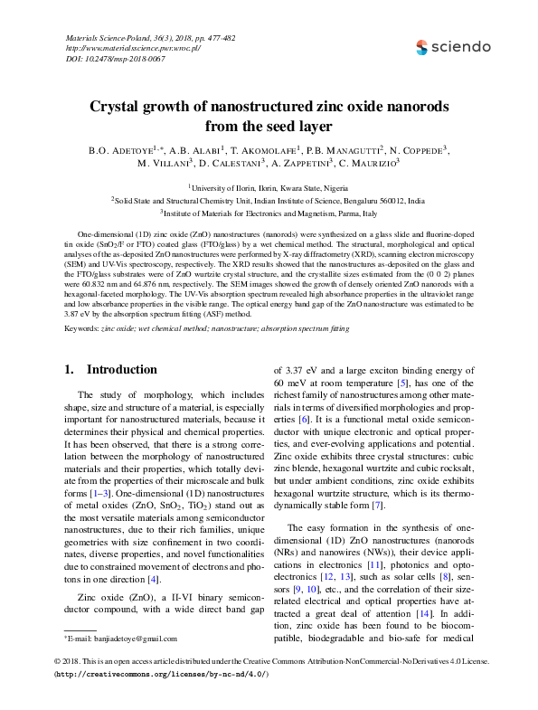 (PDF) Crystal growth of nanostructured zinc oxide nanorods from the seed layer