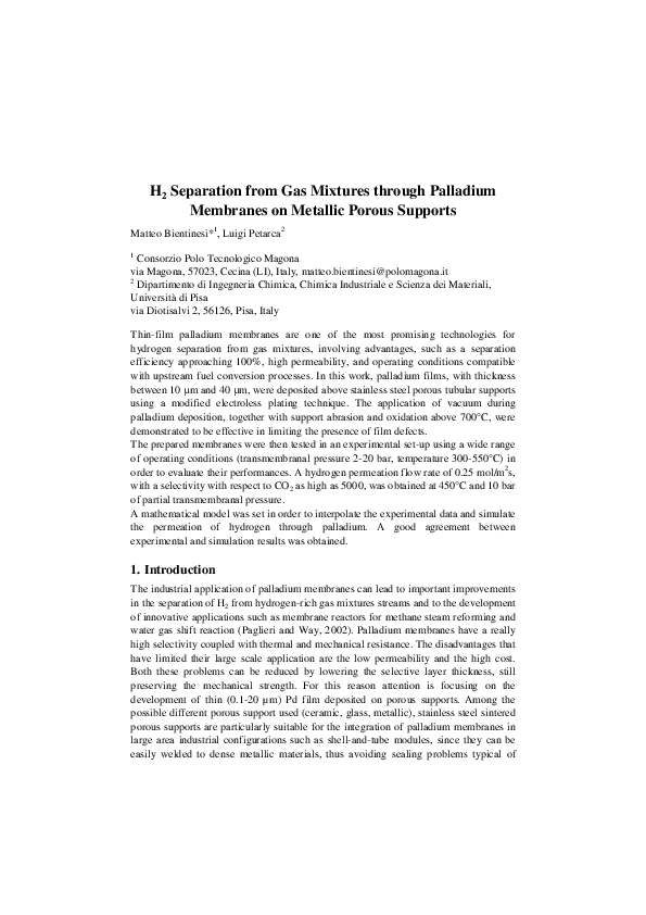 (PDF) H2 Separation from Gas Mixtures Through Palladium Membranes on ...