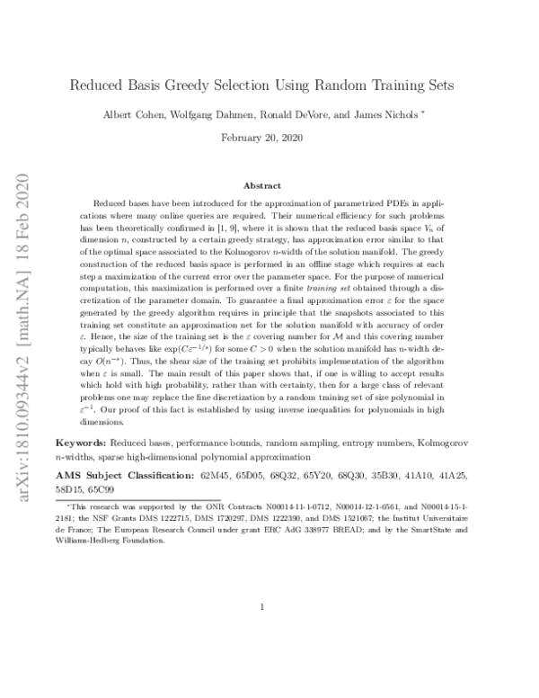 (PDF) Reduced Basis Greedy Selection Using Random Training Sets