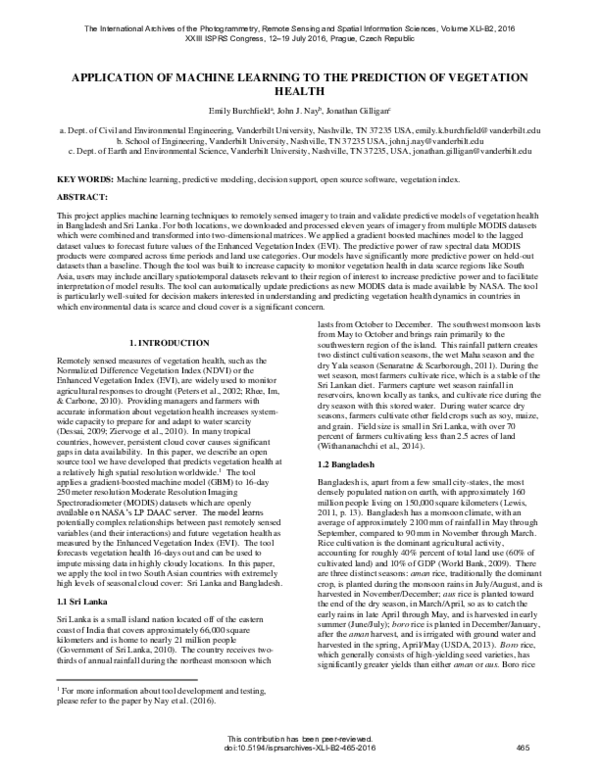 (PDF) Application of Machine Learning to the Prediction of Vegetation ...