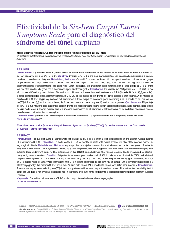 (PDF) Efectividad de la Six-Item Carpal Tunnel Symptoms Scale para el ...