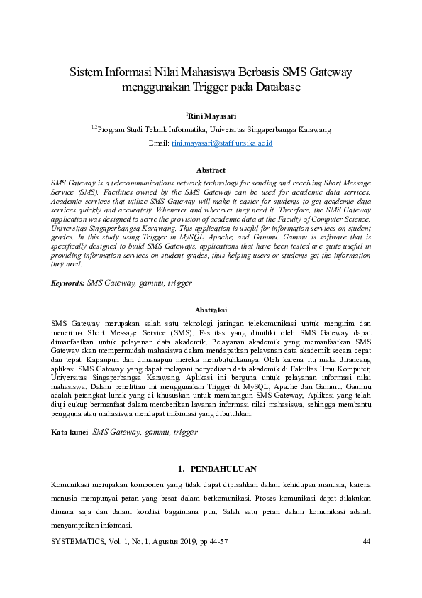 (PDF) Sistem Informasi Nilai Mahasiswa Berbasis SMS Gateway menggunakan Trigger pada Database