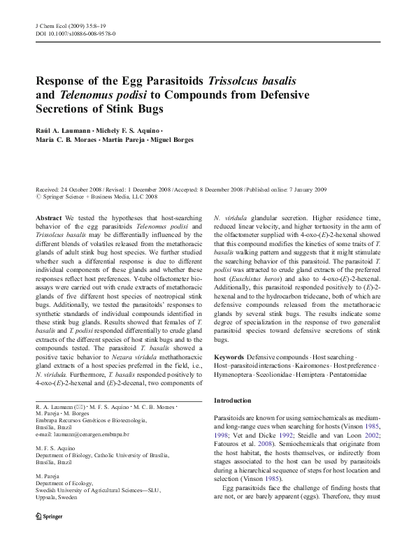 (PDF) Response of the Egg Parasitoids Trissolcus basalis and Telenomus ...