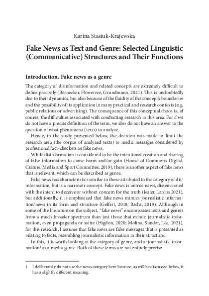 (PDF) Fake News as Text and Genre: Selected Linguistic (Communicative) Structures and Their ...