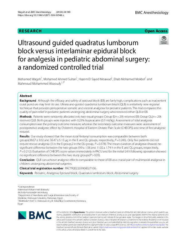 (PDF) Ultrasound guided quadratus lumborum block versus interlaminar epidural block for ...