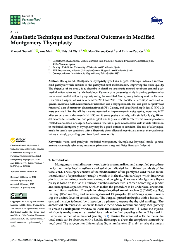 (PDF) Anesthetic Technique and Functional Outcomes in Modified ...
