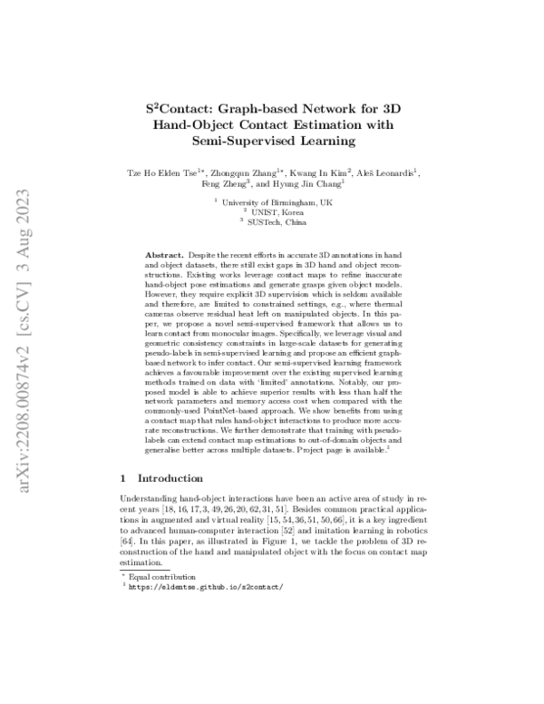 Pdf S 2 Contact Graph Based Network For 3d Hand Object Contact Estimation With Semi