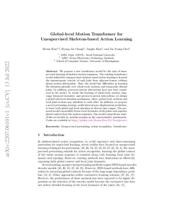 Pdf Global Local Motion Transformer For Unsupervised Skeleton Based Action Learning