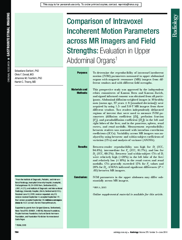 (PDF) Comparison of Intravoxel Incoherent Motion Parameters across MR Imagers and Field ...