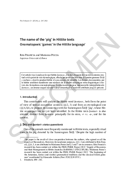 (PDF) The name of the “pig” in Hittite texts. Onomatopoeic ‘games’ in ...